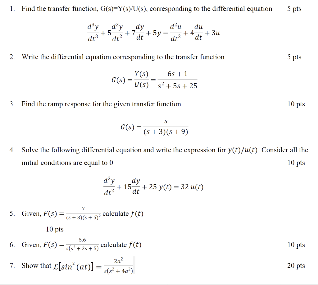 Solved 1. Find the transfer function, G(s)=Y(s)/U(s), | Chegg.com