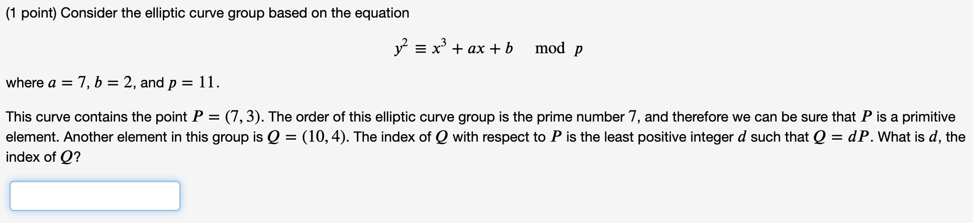 Solved (1 ﻿point) ﻿Consider the elliptic curve group based | Chegg.com