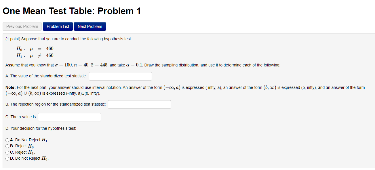 Solved One Mean Test Table: Problem 1 Previous Problem | Chegg.com