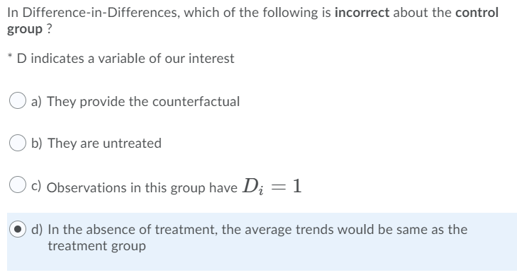 Solved In Difference-in-Differences, which of the following | Chegg.com