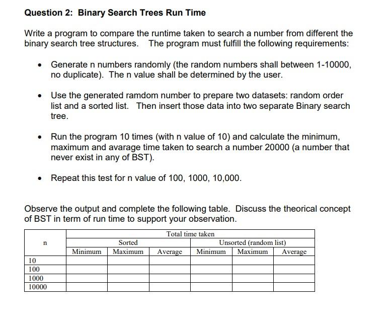 Solved Question 2: Binary Search Trees Run Time Write a | Chegg.com