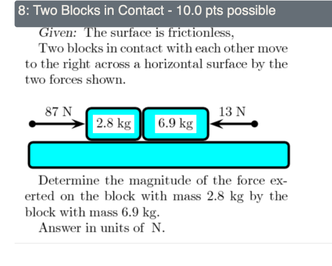 Solved 8: Two Blocks in Contact - 10.0 pts possible Given: | Chegg.com
