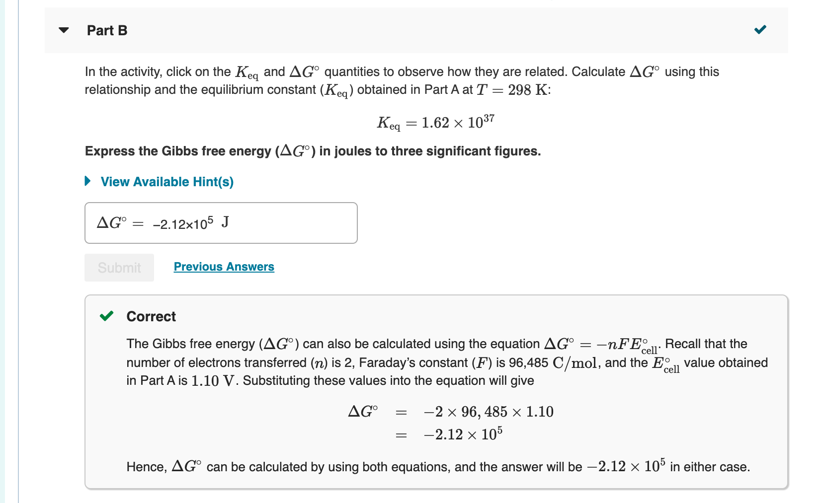 Solved Part B In the activity, click on the Keq and AG° | Chegg.com