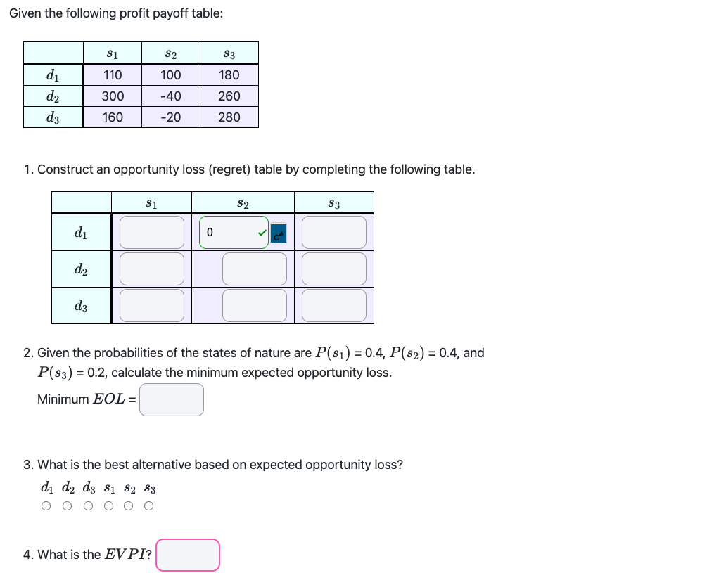 Solved Given the following profit payoff table: 1. Construct | Chegg.com