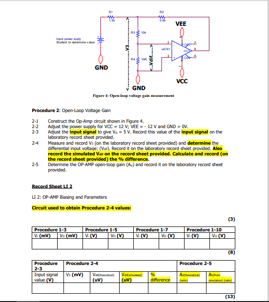 Solved Procedure 2: Open-Loop Voltage Gain 2-1 Construct the | Chegg.com