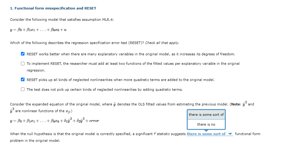 Solved 1. Functional form misspecification and RESET | Chegg.com