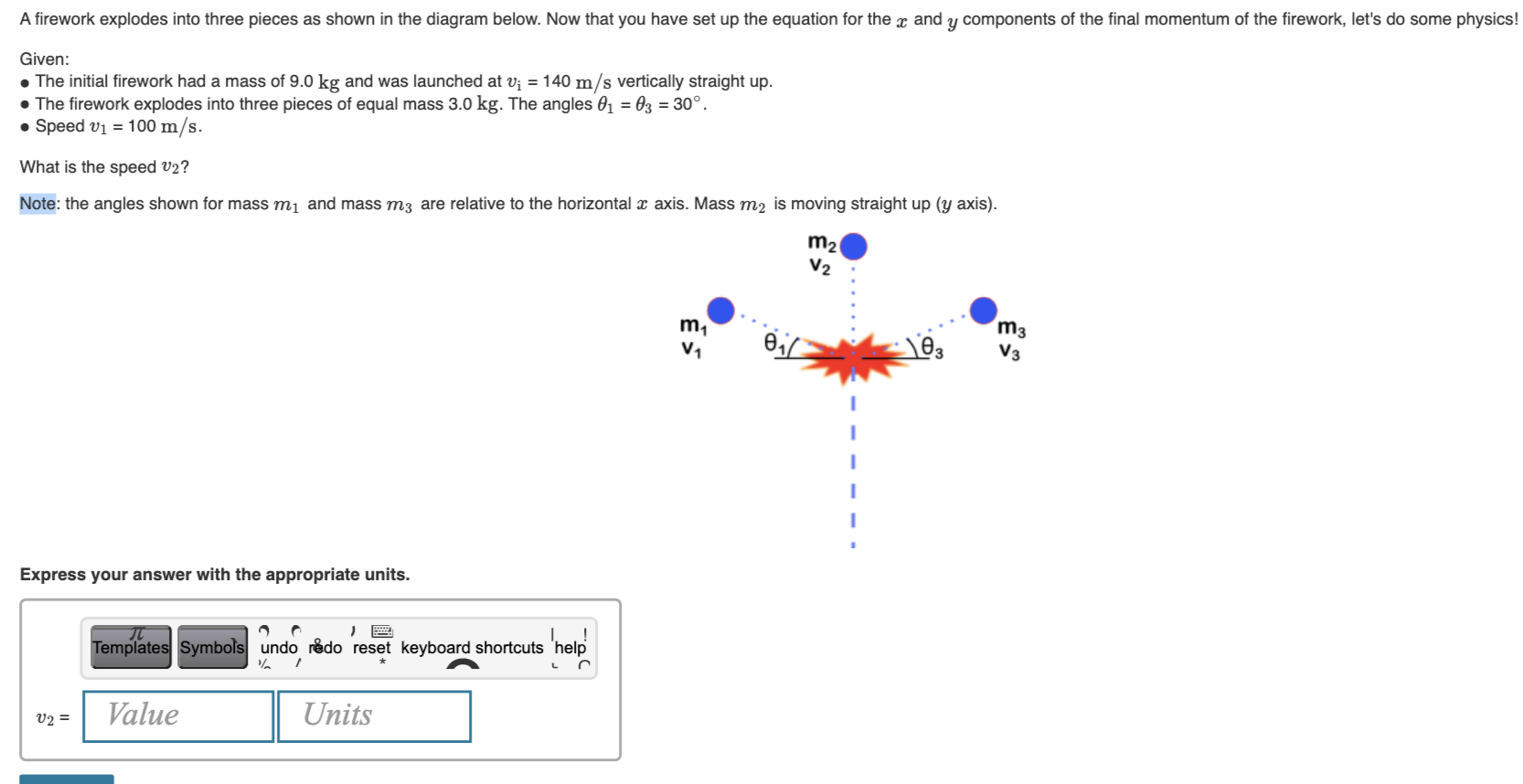 Solved A firework explodes into three pieces as shown in the | Chegg.com