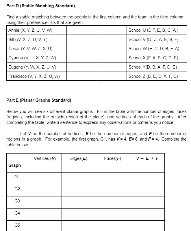 Solved Part D (Stable Matching Standard) Find a stable | Chegg.com