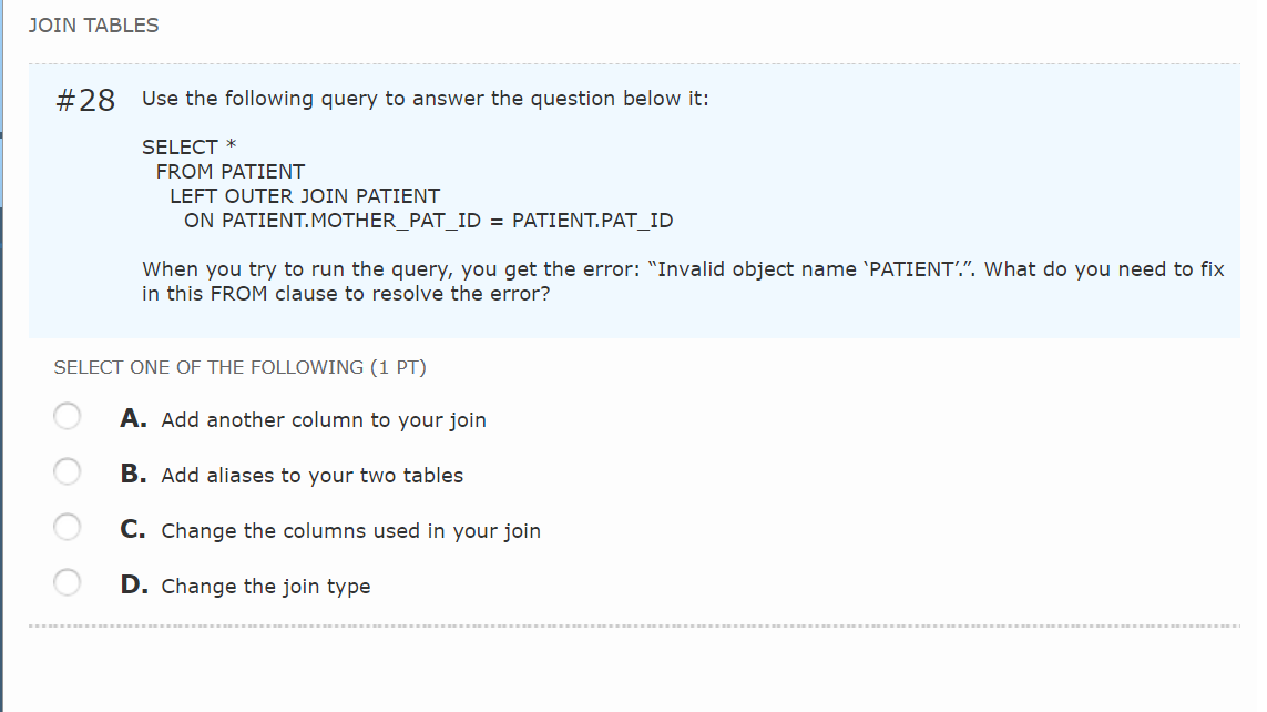 Solved JOIN TABLES #28 Use the following query to answer the | Chegg.com