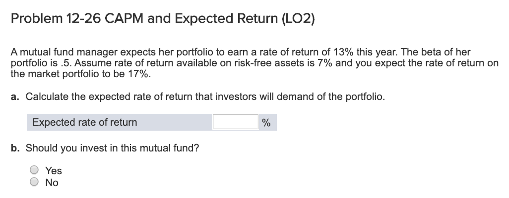 Solved Problem 12-26 CAPM and Expected Return (LO2) A mutual | Chegg.com