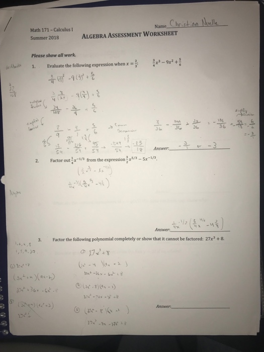 Solved Name Math 171-Calculus I Summer 2018 ALGEBRA | Chegg.com