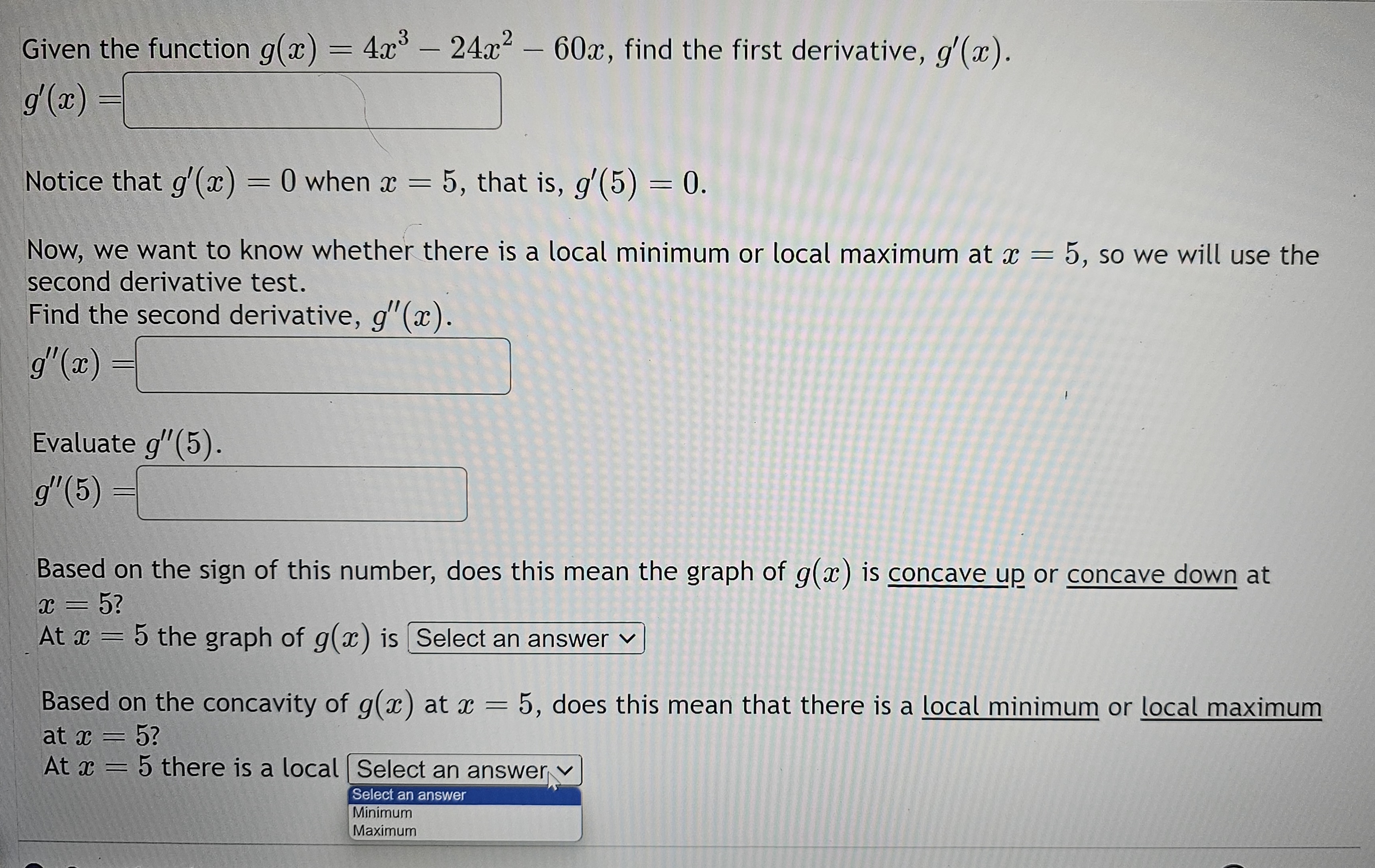 Solved Given the function g(x)=4x3-24x2-60x, ﻿find the first | Chegg.com
