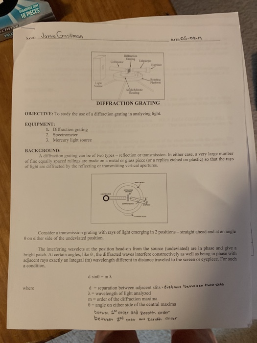 Solved LEMENT: FIRST ORDER MAXIMA WAVELENGTH COLOR: | Chegg.com