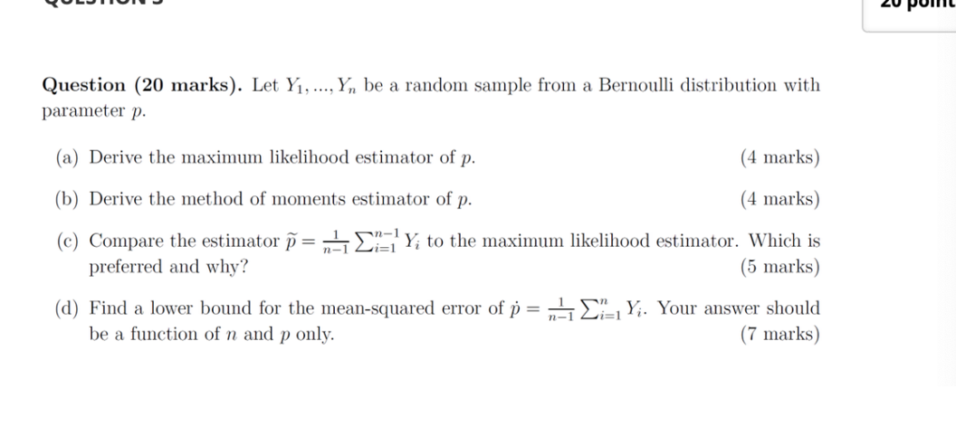 Solved Question (20 marks). Let Yı, ..., Yn be a random | Chegg.com