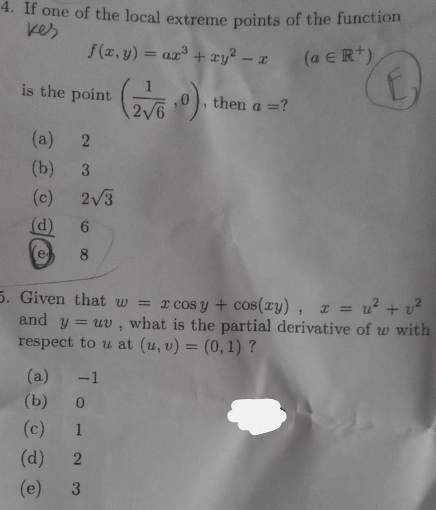 Solved 4. If one of the local extreme points of the function | Chegg.com