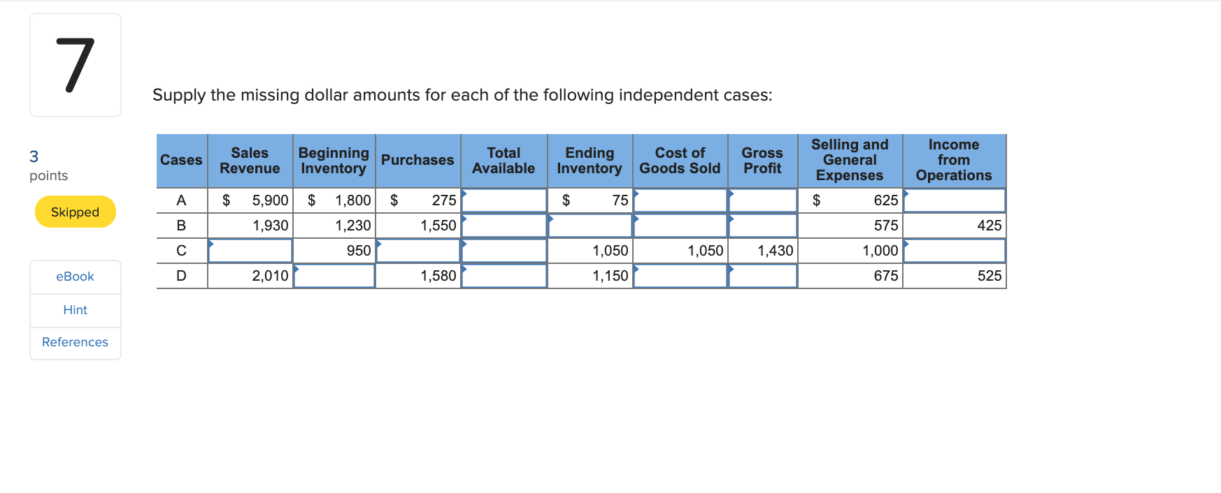 Solved Supply the missing dollar amounts for each of the | Chegg.com