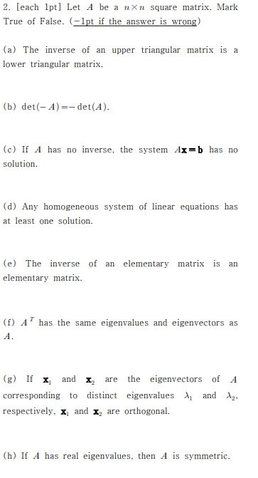 Solved n 2. (each lpt] Let A be a nxn square matrix. Mark | Chegg.com