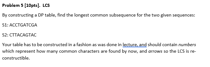Solved Problem 5 [10pts). LCS By constructing a DP table, | Chegg.com