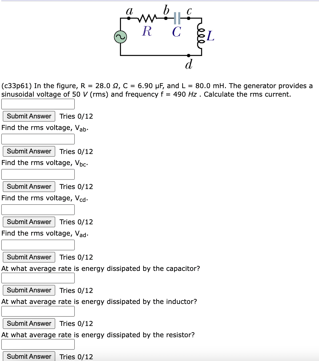 Solved (c33p61) In the figure, R=28.0Ω,C=6.90μF, and | Chegg.com