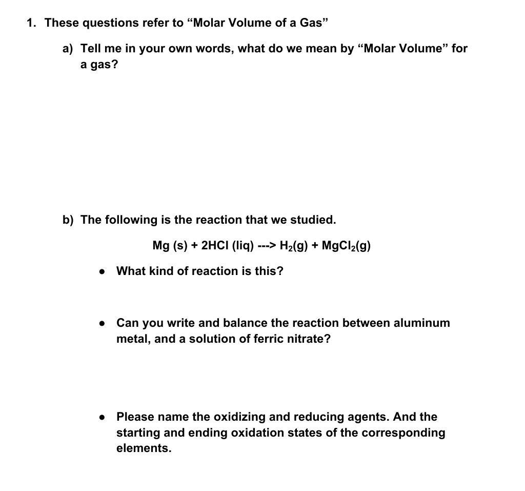 Solved 1. These questions refer to "Molar Volume of a Gas” | Chegg.com