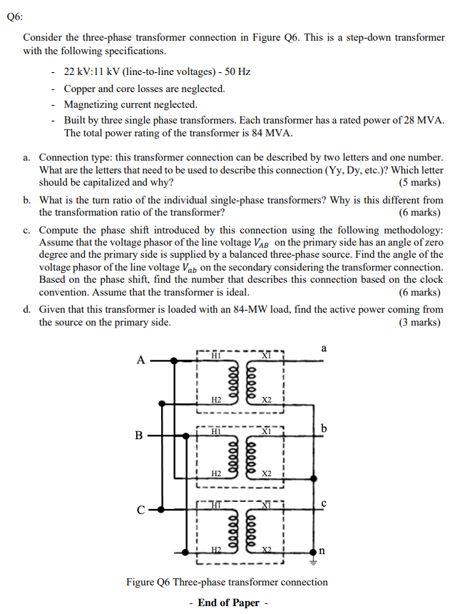 Q6: Consider the three-phase transformer connection | Chegg.com