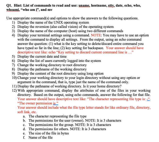 Solved Q1. Hint: List of commands to read and use: uname, | Chegg.com