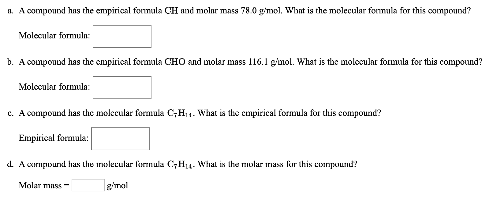 Solved a. A compound has the empirical formula CH and molar | Chegg.com
