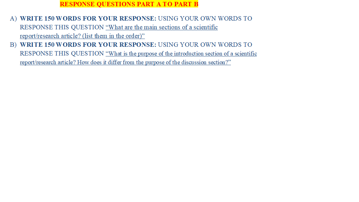 Solved RESPONSE QUESTIONS PART A TO PART B A) WRITE 150 | Chegg.com