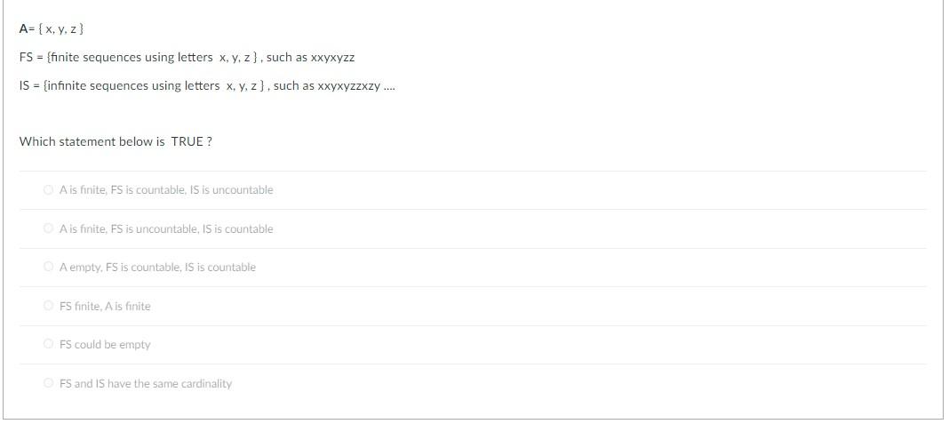 Solved A= {x,y,z) FS = {finite sequences using letters x, y, | Chegg.com