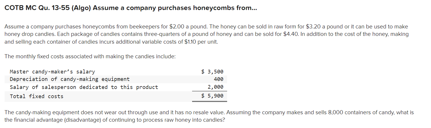 Solved COTB MC Qu. 13-55 (Algo) Assume a company purchases | Chegg.com