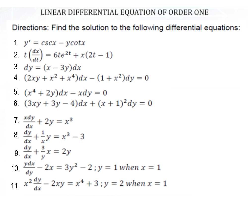 Solved dx LINEAR DIFFERENTIAL EQUATION OF ORDER ONE | Chegg.com