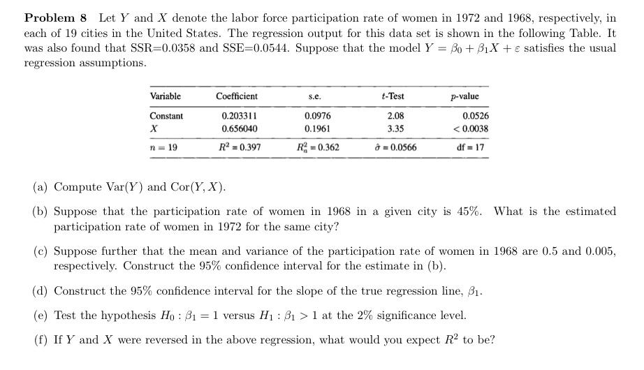Solved Problem 8 Let Y and X denote the labor force | Chegg.com