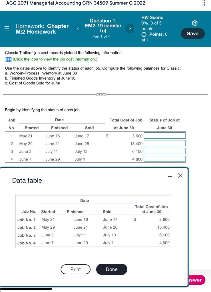 Solved ACG 2071 Managerial Accounting CRN 34509 Summer C | Chegg.com