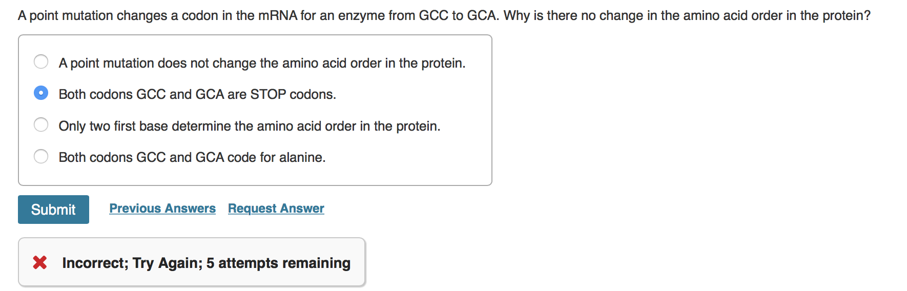 Solved A point mutation changes a codon in the mRNA for an | Chegg.com