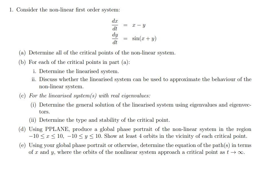 Solved 1. Consider the non-linear first order system: dx = | Chegg.com