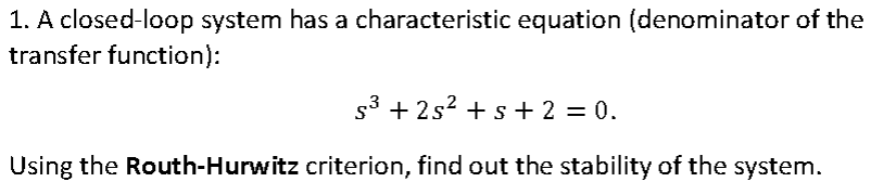 Solved 1. A closed-loop system has a characteristic equation | Chegg.com
