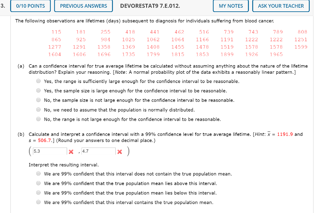 Solved 0/10 POINTS PREVIOUS ANSWERS DEVORESTAT9 7.E.012. MY | Chegg.com
