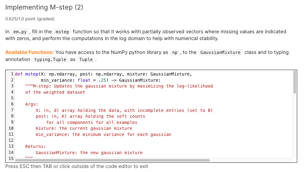 Solved Implementing M-step (2)0.6251.0 ﻿point (graded)In , | Chegg.com