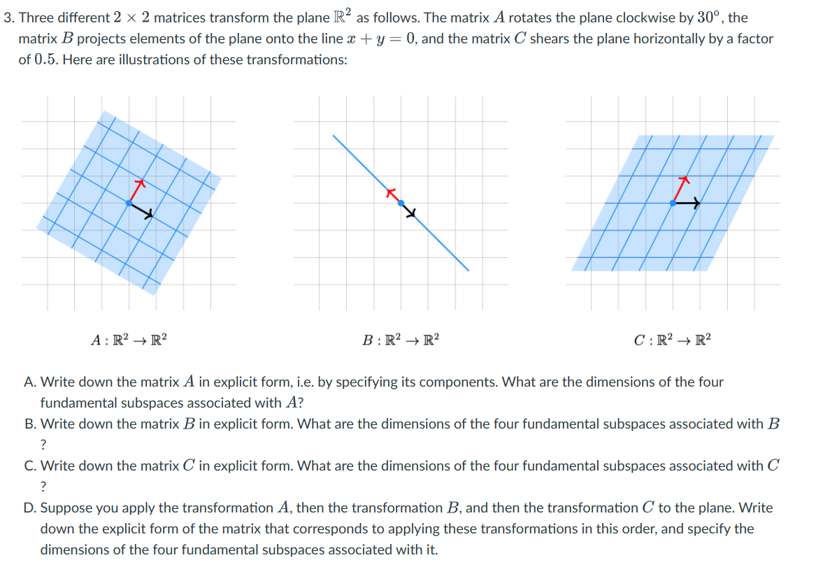 Solved 3. Three different 2×2 matrices transform the plane | Chegg.com