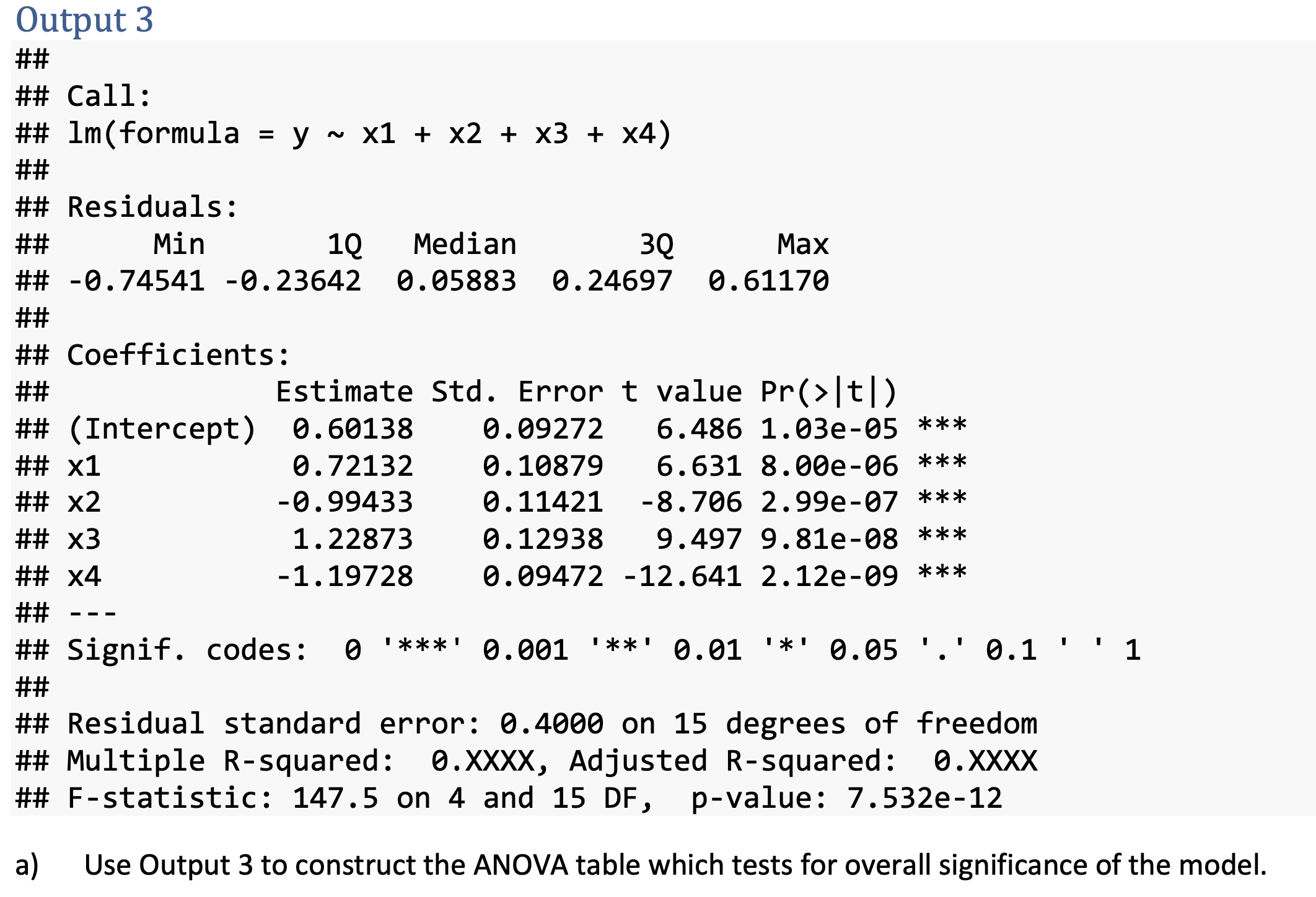 Solved Output 3 \#\# \# Cal1: \#\# lm(formula=y∼x1+x2+x3+x4) | Chegg.com