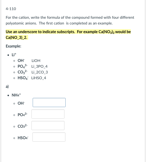 Solved 4-110 For the cation, write the formula of the | Chegg.com