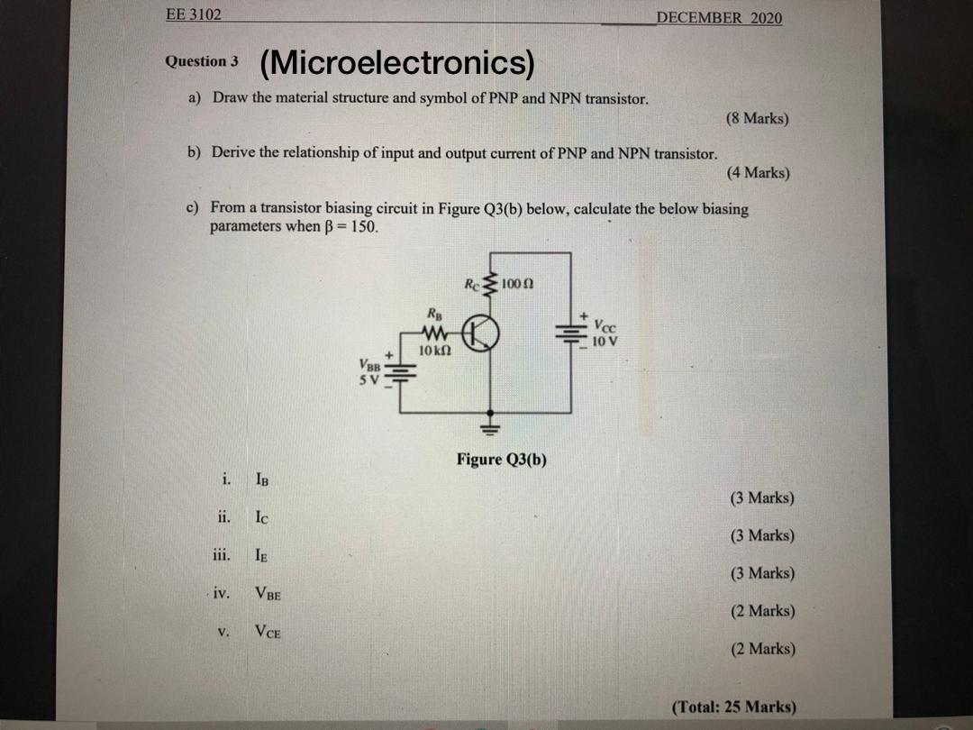 Solved EE 3102 DECEMBER 2020 Question 3 (Microelectronics) | Chegg.com
