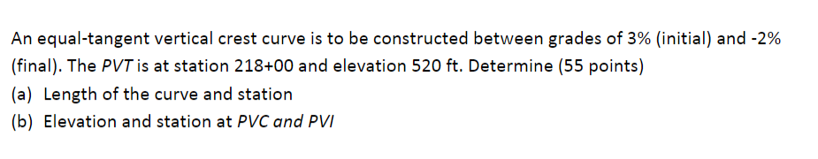Solved An equal-tangent vertical crest curve is to be | Chegg.com
