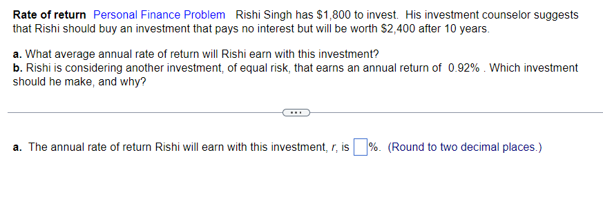 Solved Rate of return Personal Finance Problem Rishi Singh | Chegg.com