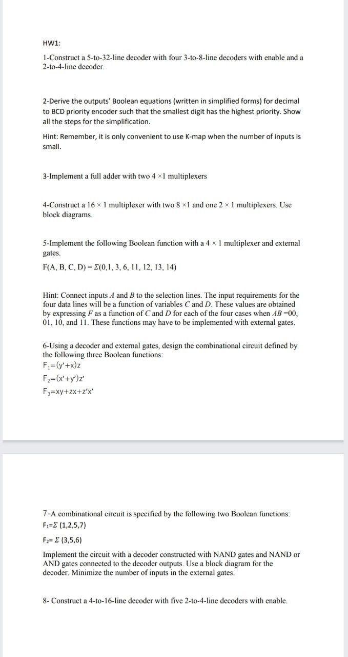 Solved HW1: 1-Construct a 5-to-32-line decoder with four | Chegg.com