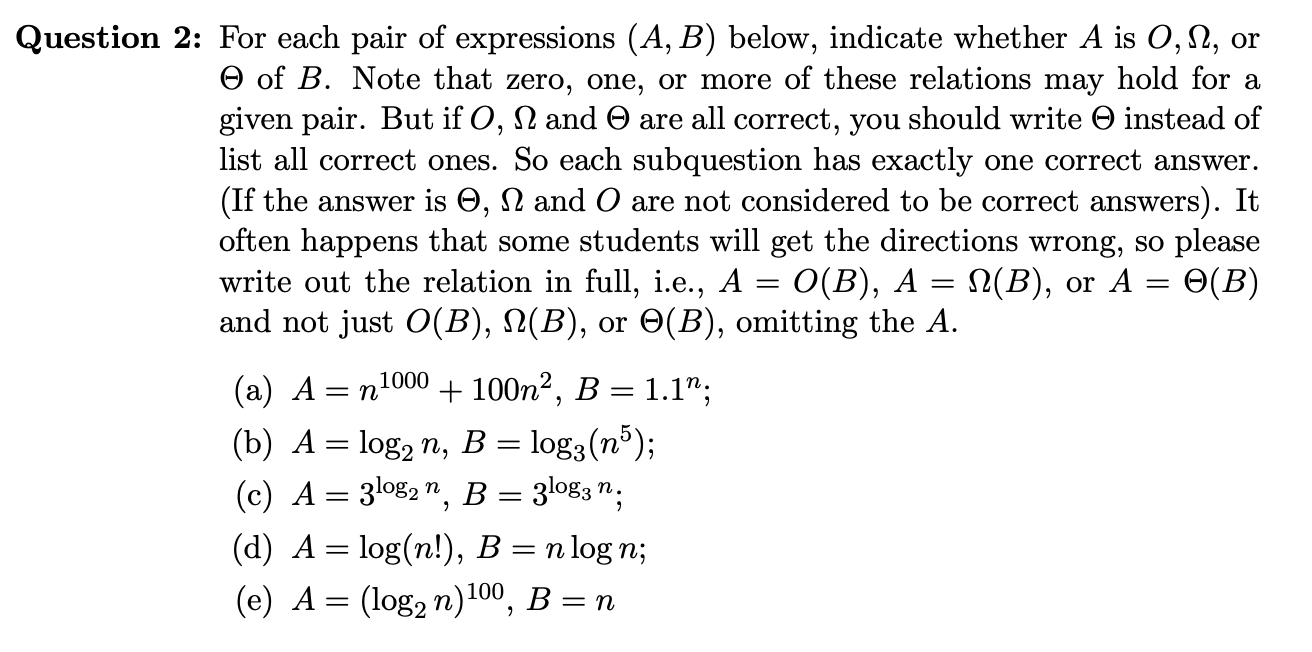Solved For each pair of expressions (A,B) below, indicate | Chegg.com