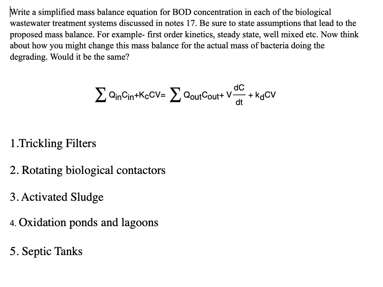 Solved Write a simplified mass balance equation for BOD | Chegg.com