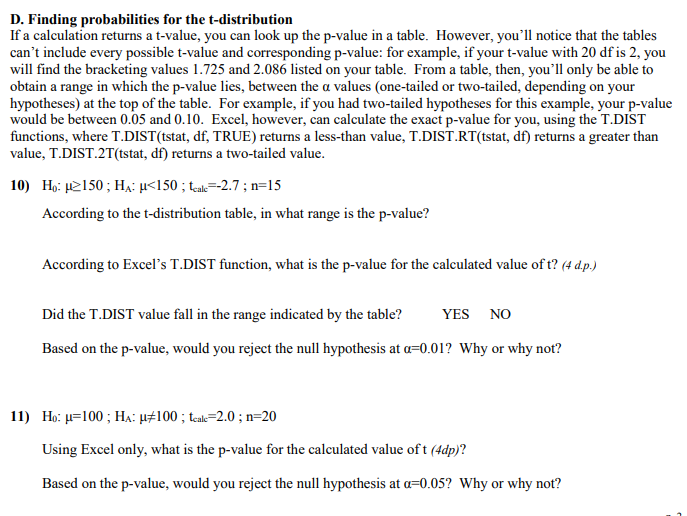 Solved D. Finding probabilities for the t-distribution If a | Chegg.com