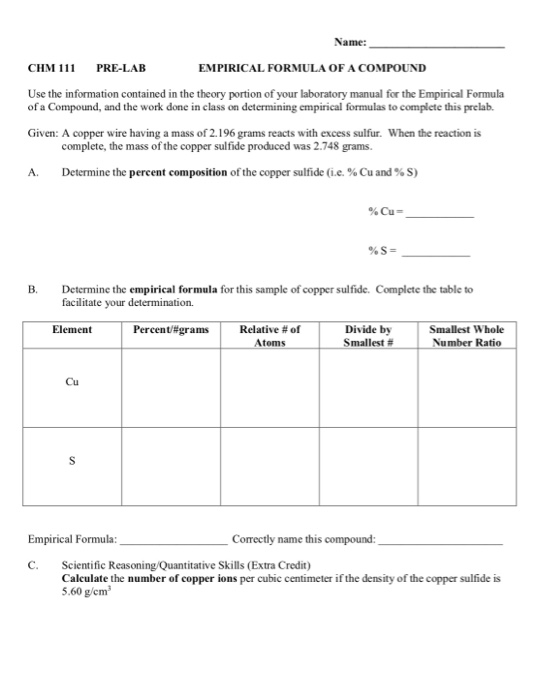 Solved Name сHM 11 PRE-LAB EMPIRICAL FORMULA OF A COMPOUND | Chegg.com