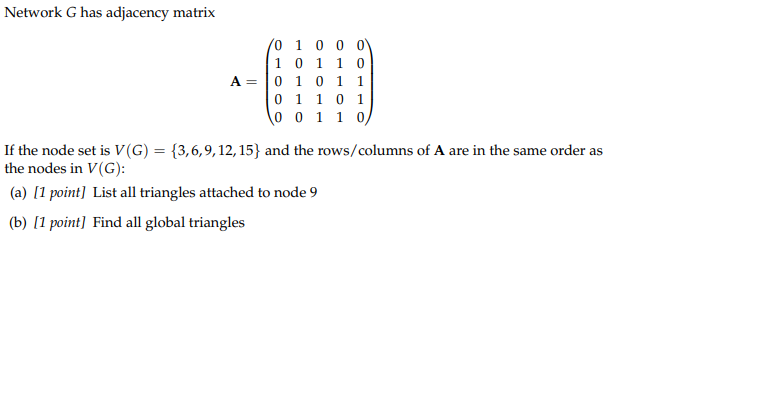Solved Network G has adjacency matrix | Chegg.com